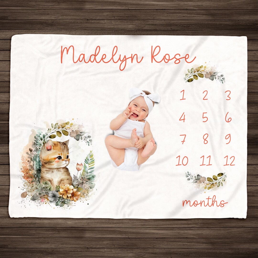 Personalized Kitty Cat Baby Milestone Blanket: Watercolor Foliage - Etsy