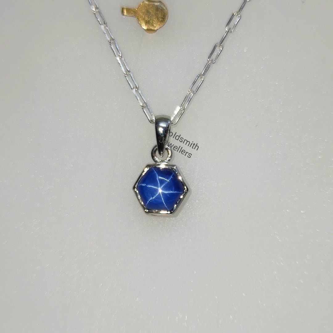 Sterling Silver Blue Star Sapphire Pendant: Hexagon Lindy Star, Dainty ...