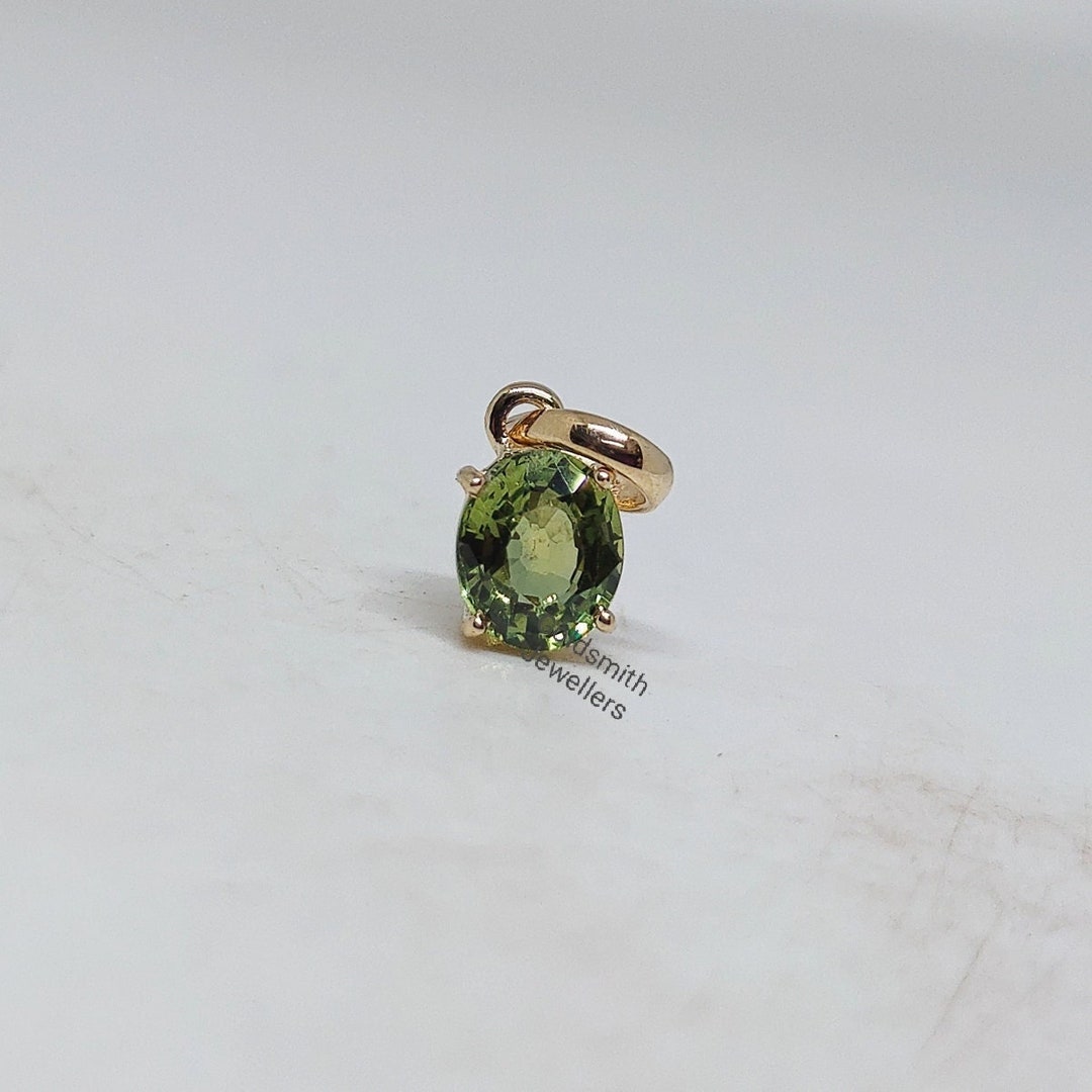 Natural Green Sapphire 14K Yellow Gold Pendant, Handmade Oval Gemstone ...