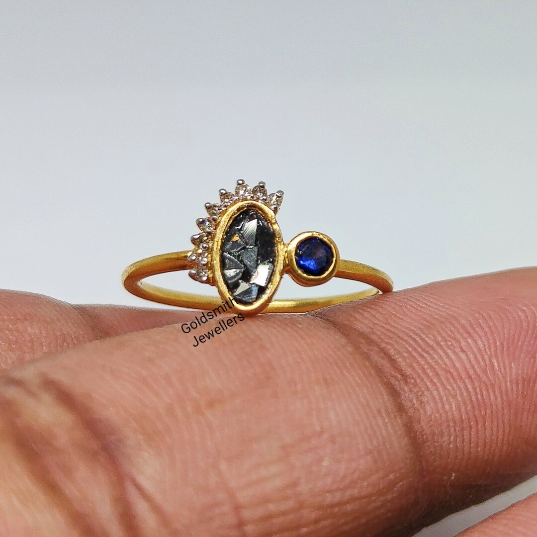 Black Diamond Chip Ring: Sterling Silver, Blue Sapphire Accent - Etsy UK