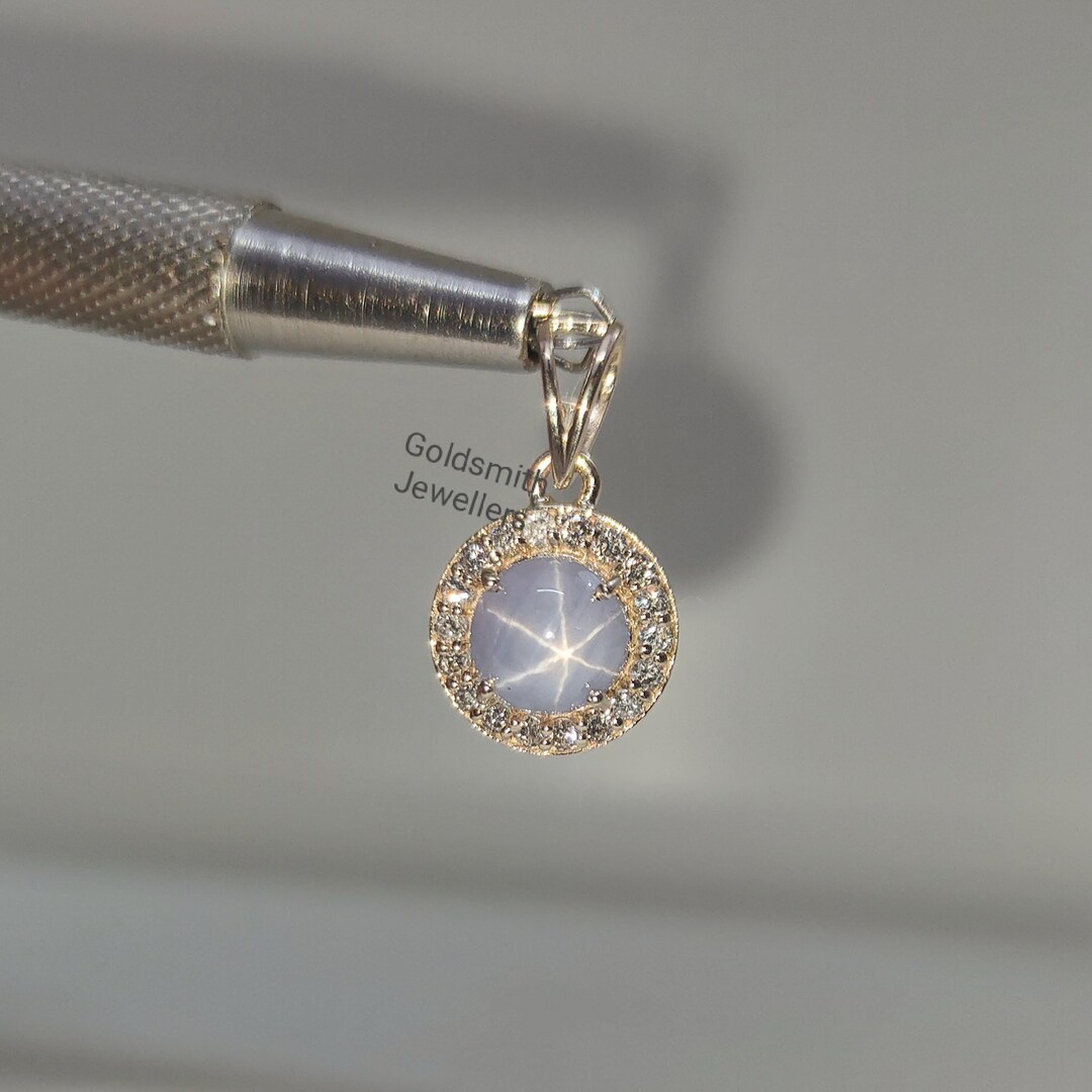 Round White Star Sapphire Pendant, 14k Yellow Gold Pendant, Genuine ...