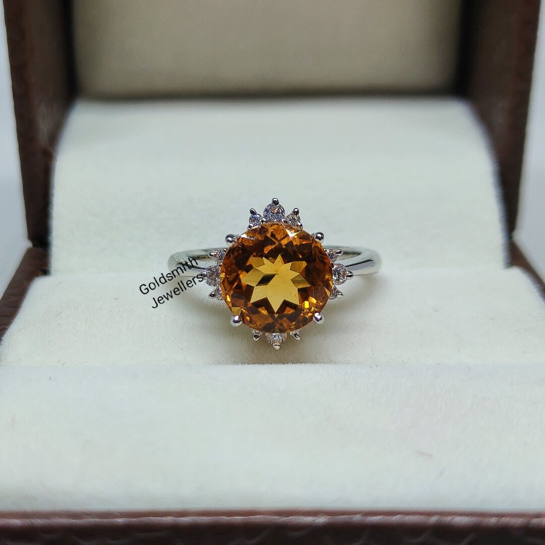 Round Citrine Ring, Engagement Ring, Vintage Halo Ring, 925 Sterling ...