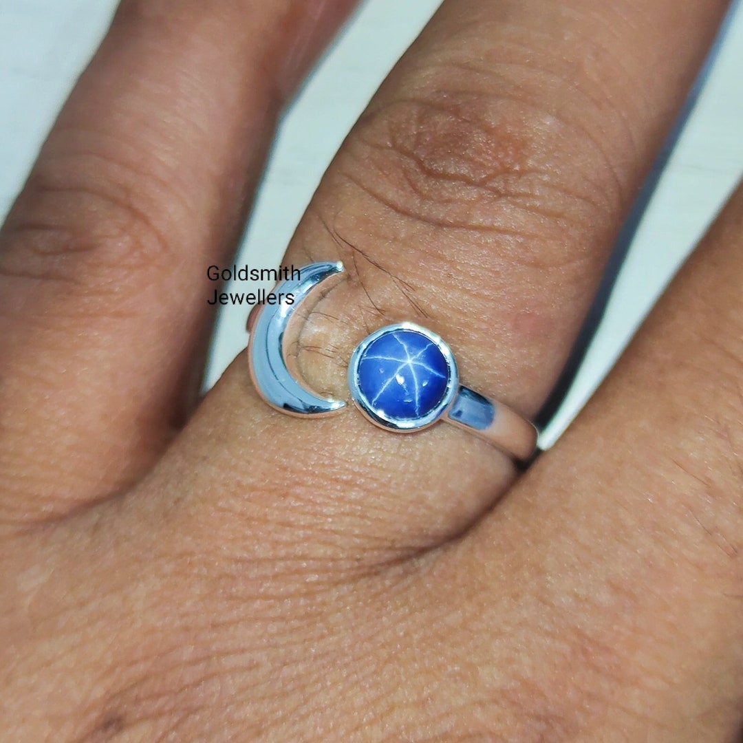 Blue Star Sapphire Ring, Half Moon Ring, 925 Sterling Silver, Adjustable Ring, Round Blue Star ...