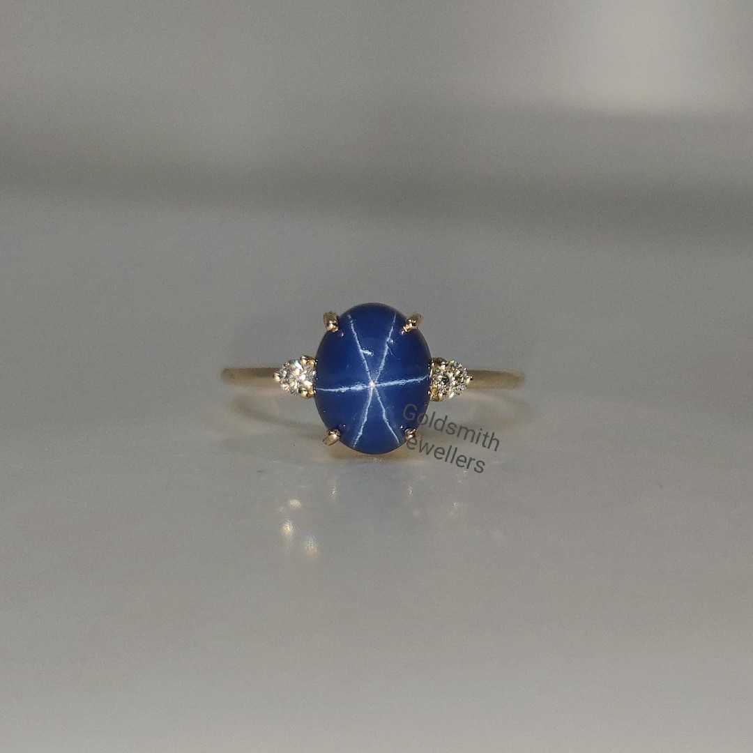 Blue Star Sapphire Ring, Engagement Ring, 14K Yellow Gold Ring, Lindy Blue Star Ring, Promise ...