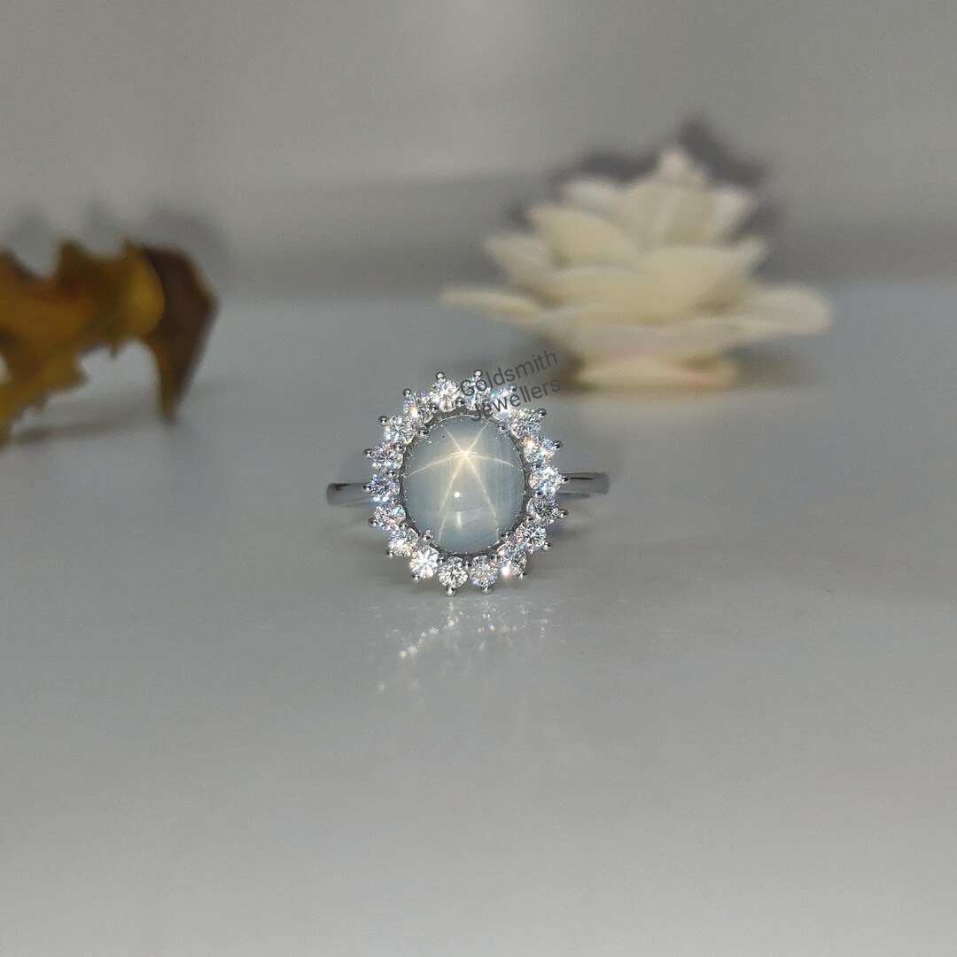 White Star Sapphire Ring, Engagement Ring, 14K White Gold Ring, Natural ...