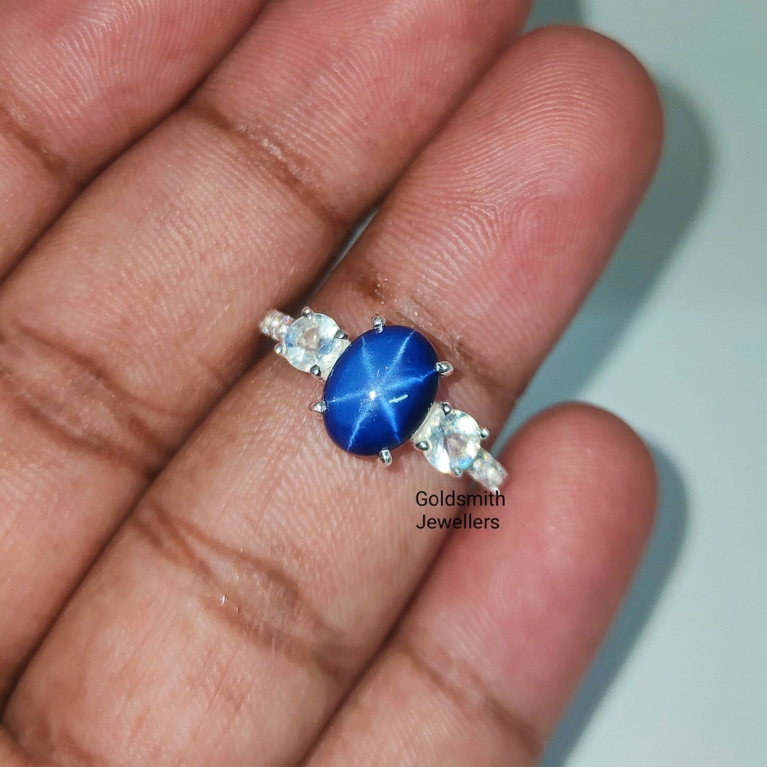 Blue Star Sapphire Ring, Stackable Ring, Moonstone Ring, 925 Sterling ...