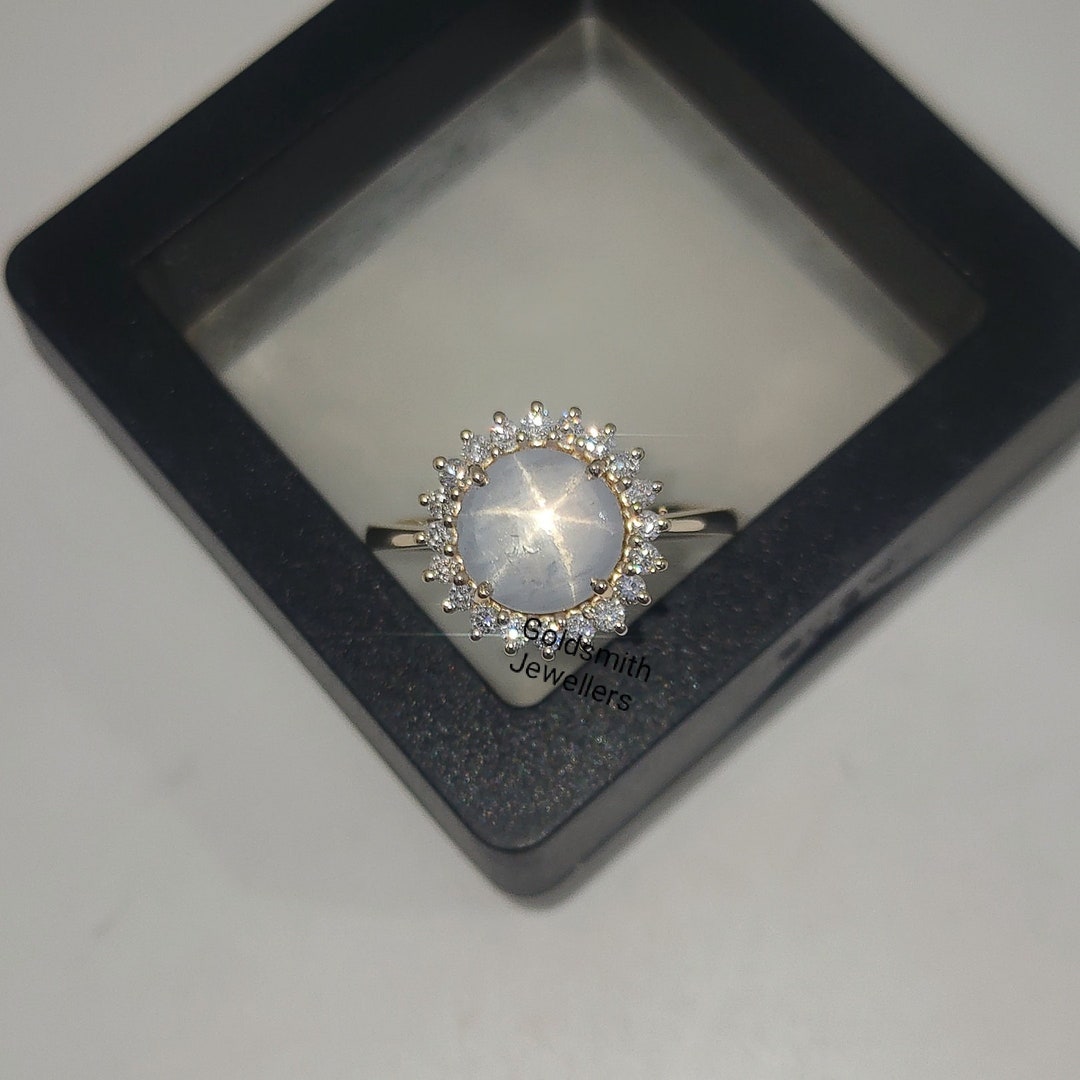 Round White Star Sapphire Ring, Engagement Ring, 14K Yellow Gold Ring ...