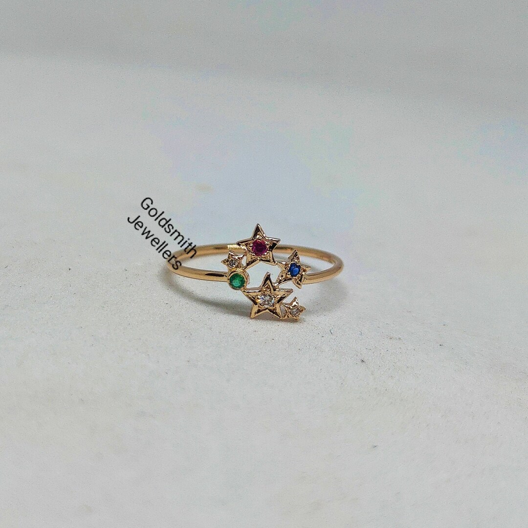 14k Gold Multi Stone Ring, Tiny Star Stacking Ring, Star Multi Stone ...