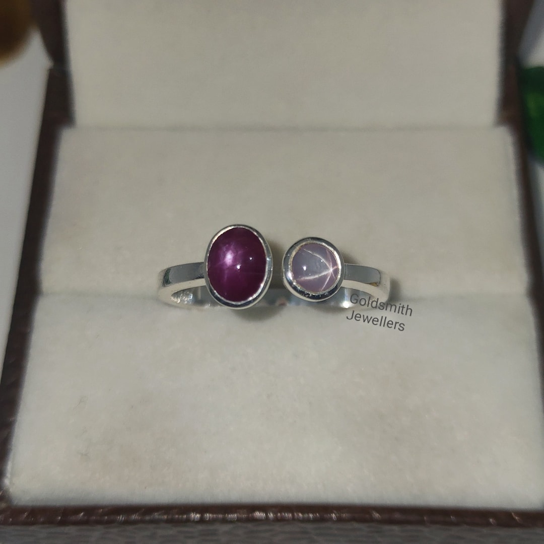 Natural White Star Sapphire & Star Ruby Ring, Stackable Ring, 925 Silver Ring, Duel Star ...