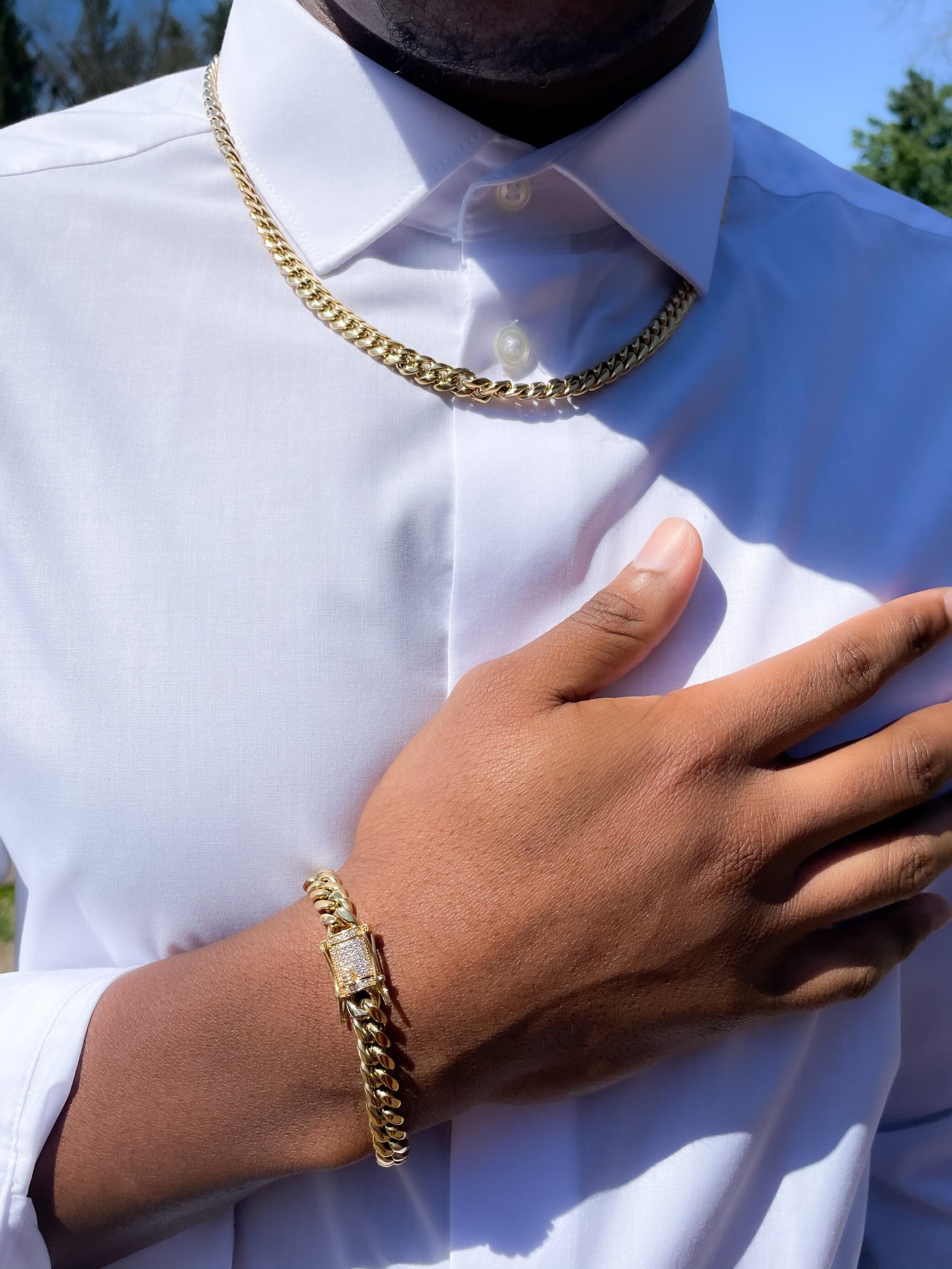 14K Gold Plated Cuban Link Bracelet, Water Resistant Stainless Steel ...