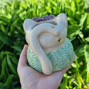 Fat Cat Ceramic Pot With Real Gold Flower Lavender Artisan Vase ...