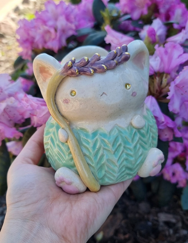 Fat Cat Ceramic Pot With Real Gold Flower Lavender Artisan Vase ...