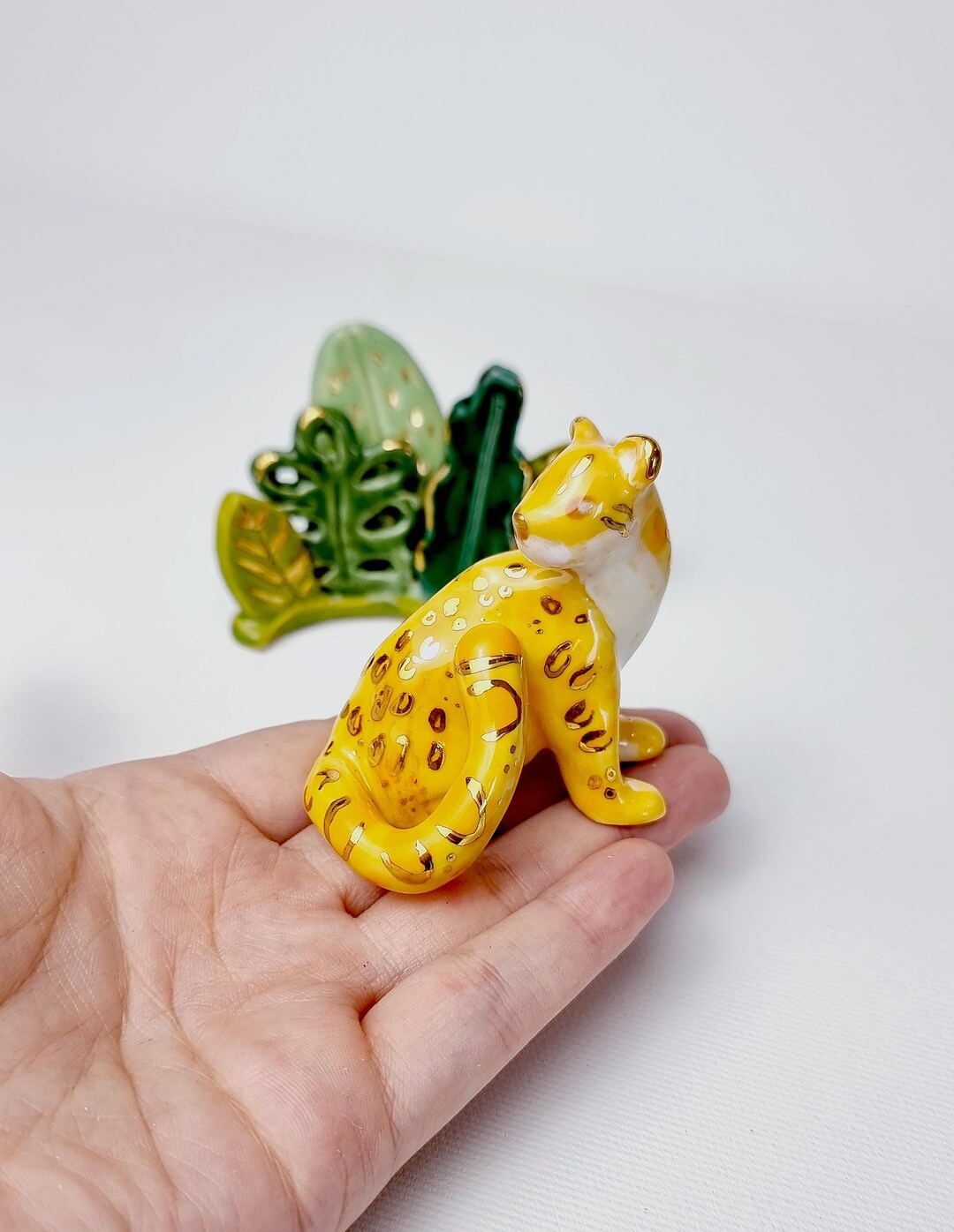 Ceramic Ocelot Cat Figurine Animal Art Gold Decorated Nature Leopard ...