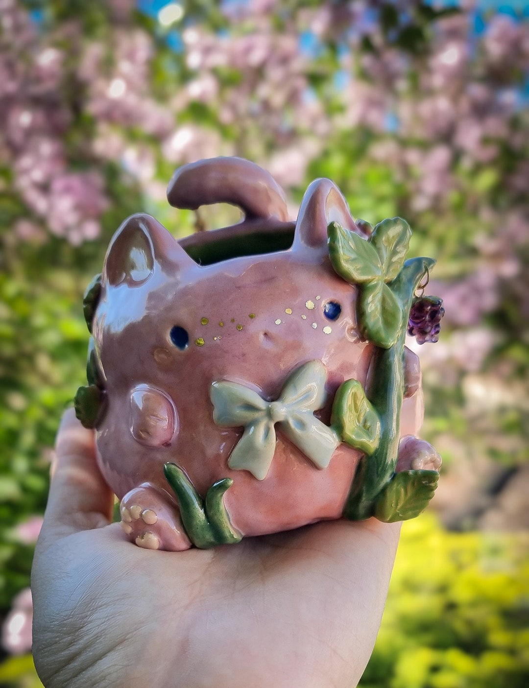 Fat Cat Ceramic Pot With Real Gold Fruity Grape Artisan Vase Succulent ...