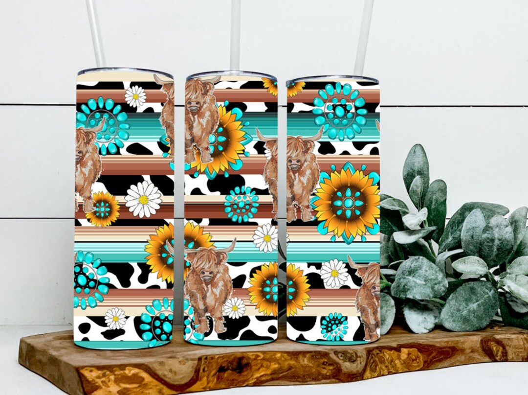 Aztec Floral Cow Print Highland Cow Sublimation Tumbler, 20 Ounce ...