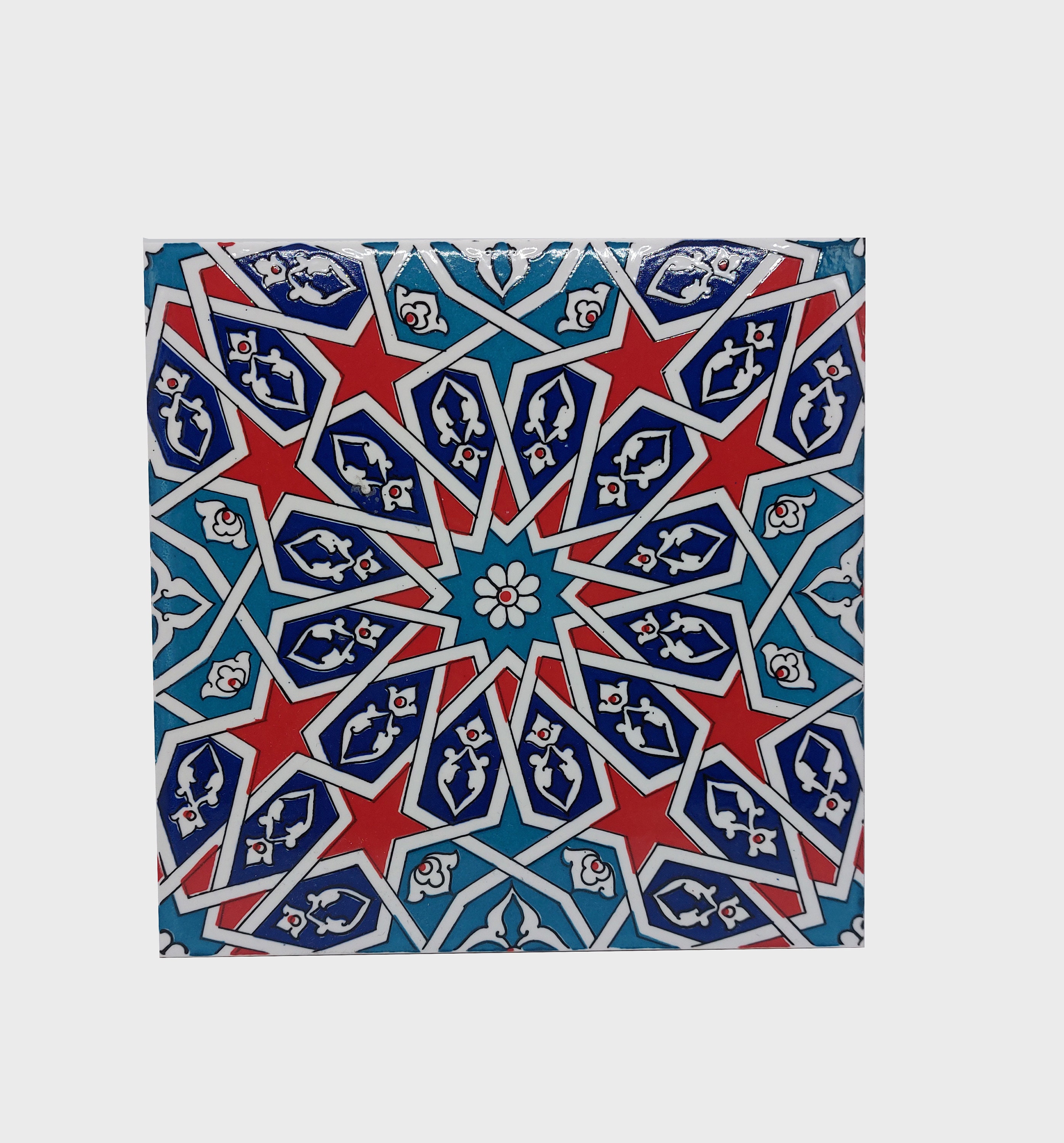 4 X Handmade Turkish Iznik Ceramic Wall Tiles Blue'red Geometric ...