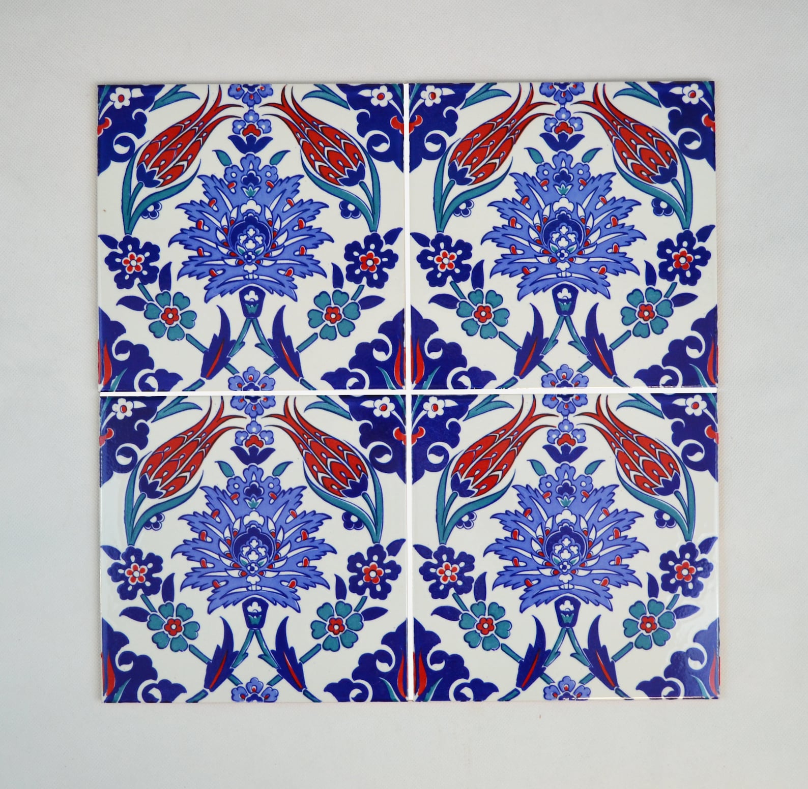 4 X Handmade Turkish Iznik Floral Ceramic Wall Tiles Blue'red Flower ...