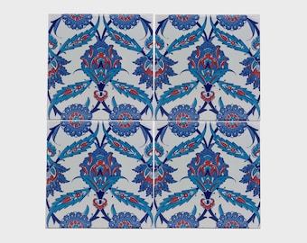Handmade Turkish Iznik Floral Ceramic Wall Tiles Blue Turquoise Red ...
