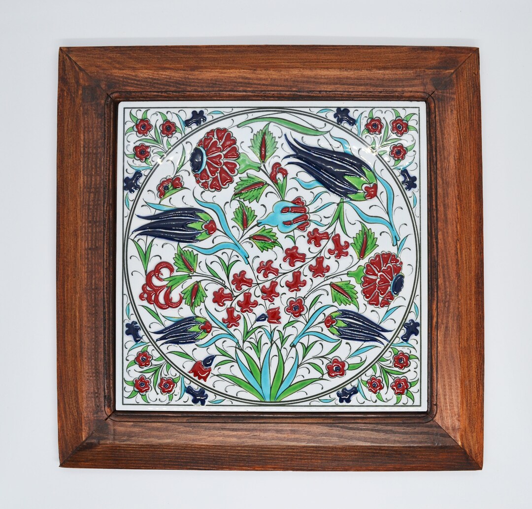 Hand Painted 3D Relief Floral Tulip Iznik Ceramic Tile Art Framed ...