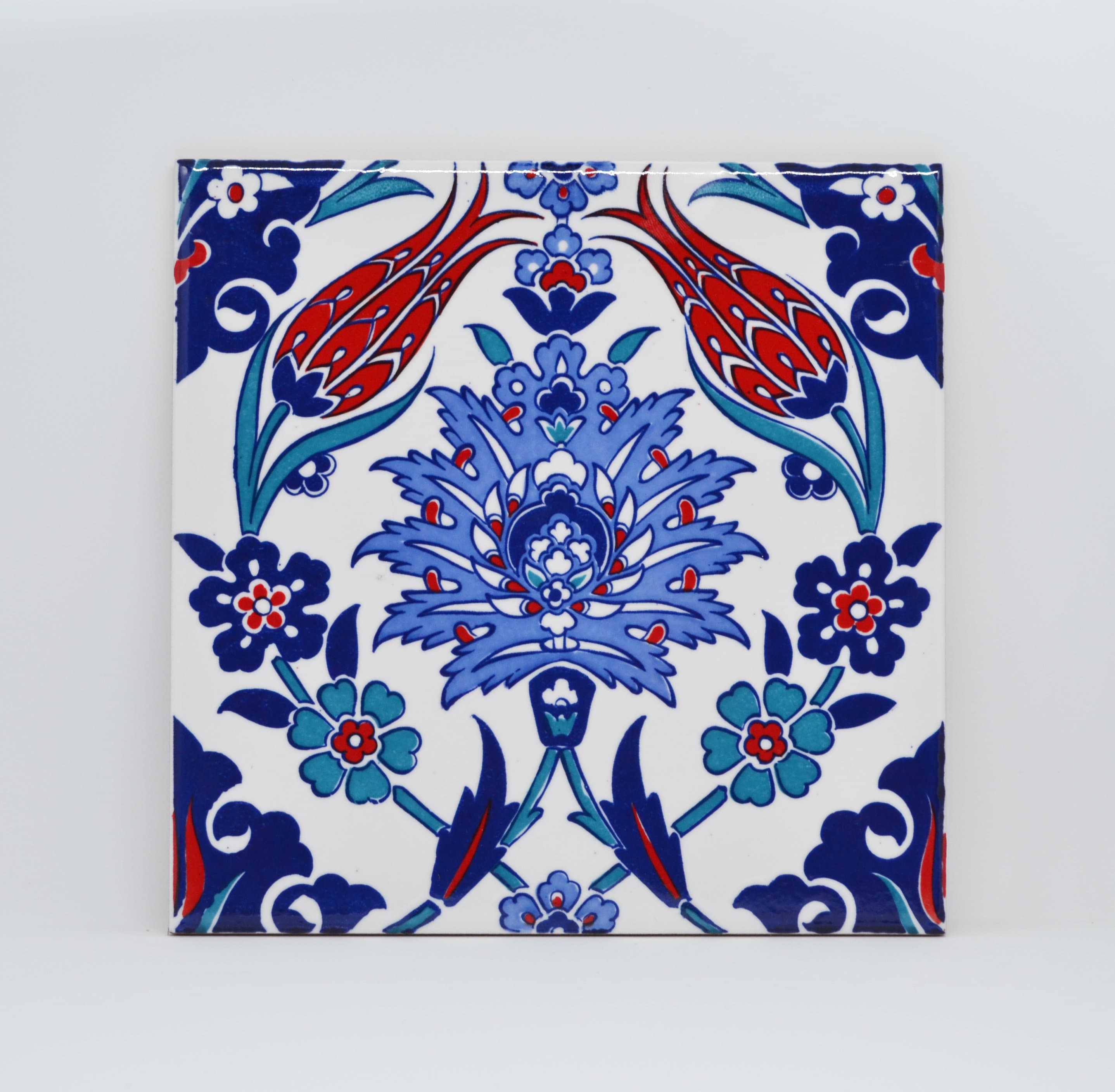 4 X Handmade Turkish Iznik Floral Ceramic Wall Tiles Blue'red Flower ...