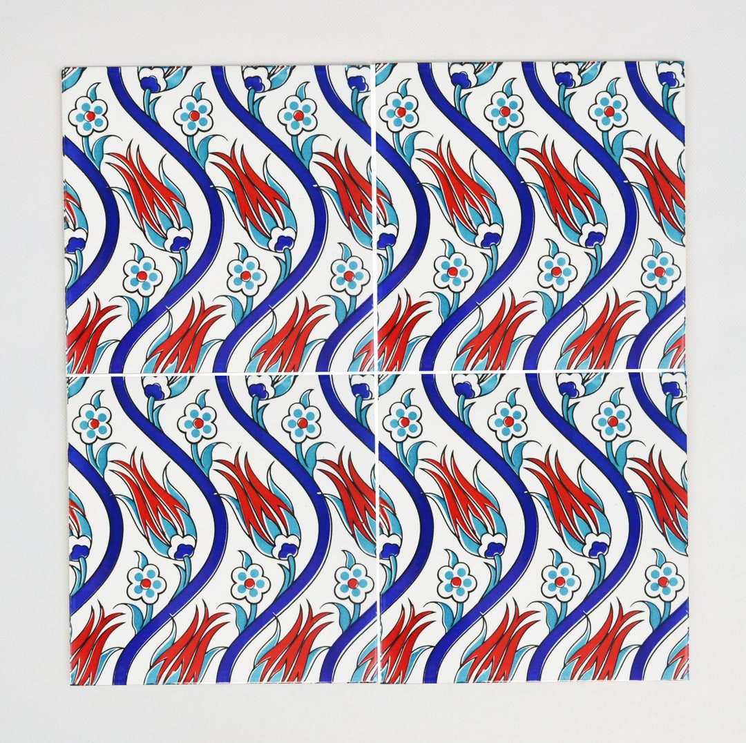 4 X Handmade Turkish Iznik Ceramic Wall Tile Floral Tulip Design ...