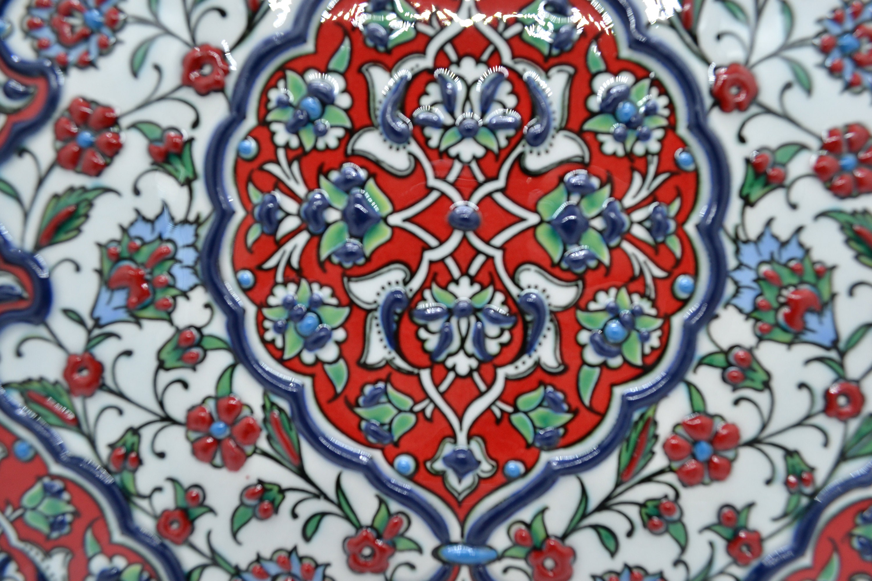 Hand Painted Floral Geometric 3D Relief Art Iznik Ceramic Framed Wall ...