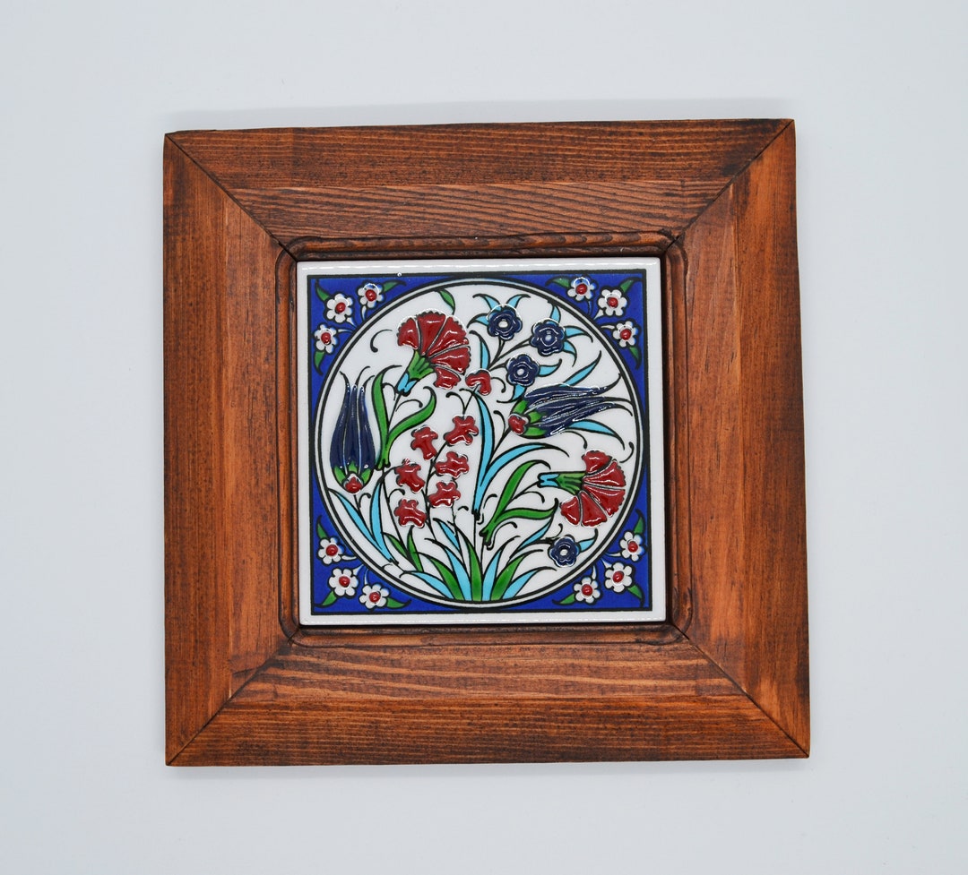 Hand Painted Iznik Floral Tulip Ceramic Framed Wall Tile in Traditional ...