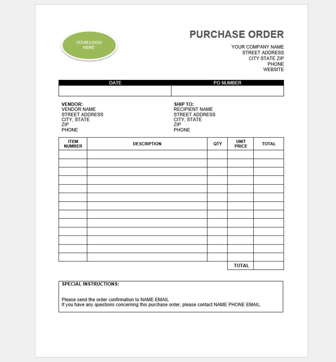 Purchase Order Template / Small Business Form / Printable (PDF & Word ...