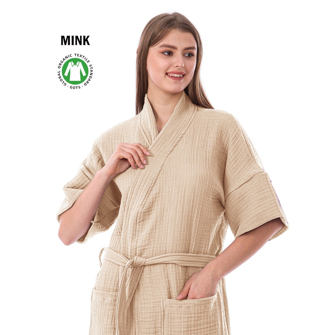 Organic Cotton Mink Color 4 Layer Muslin Kimono, Soft Kimono Robe. Soft Absorbent Gauze Bathrobe ...