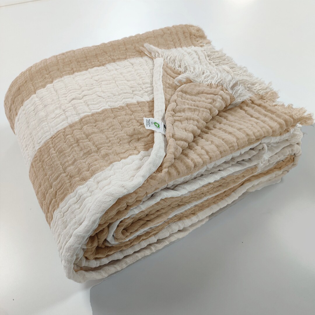Organic Linen & Gauze 6 Layered Luxury Striped Lightweight Throw, Terra ...