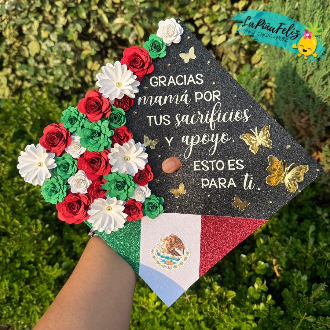 Custom Mexican Flag Graduation Cap Topper: Paper Flowers & Butterflies ...