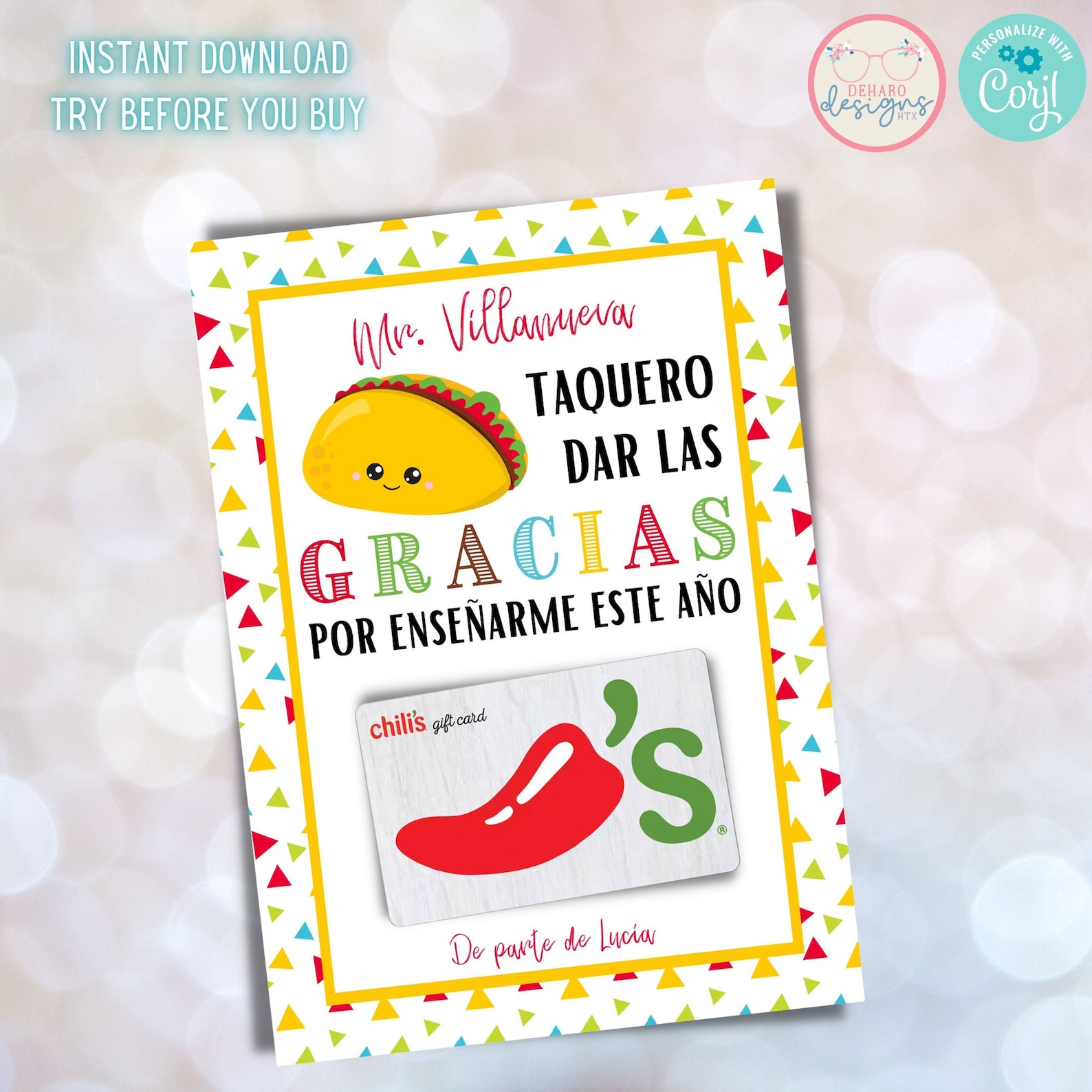 5x7 ESPANOL TACO TEACHER Appreciation Gift Card Holder Customizable ...