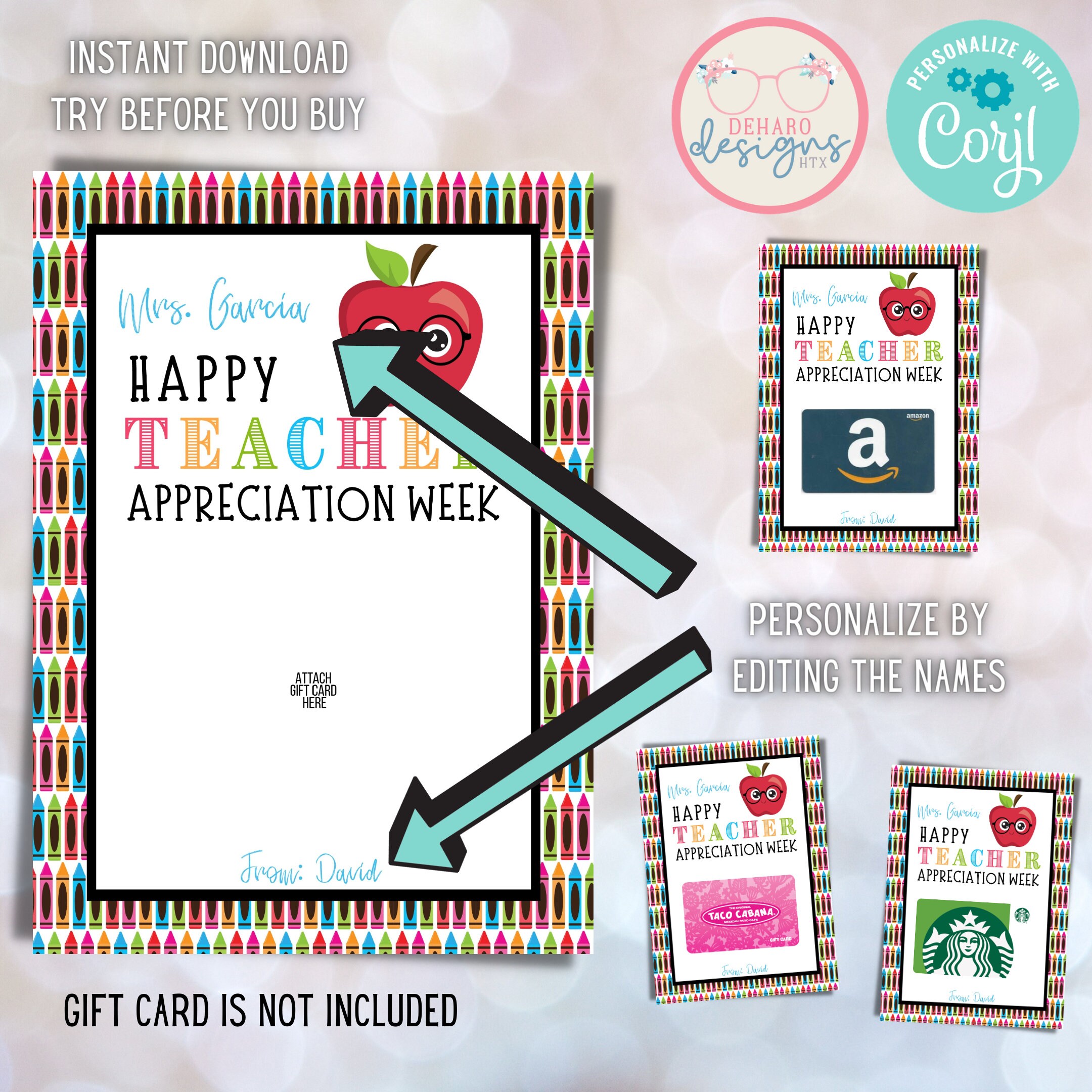 5x7 TEACHER APPRECIATION WEEK Gift Card Holder Customizable Instant ...