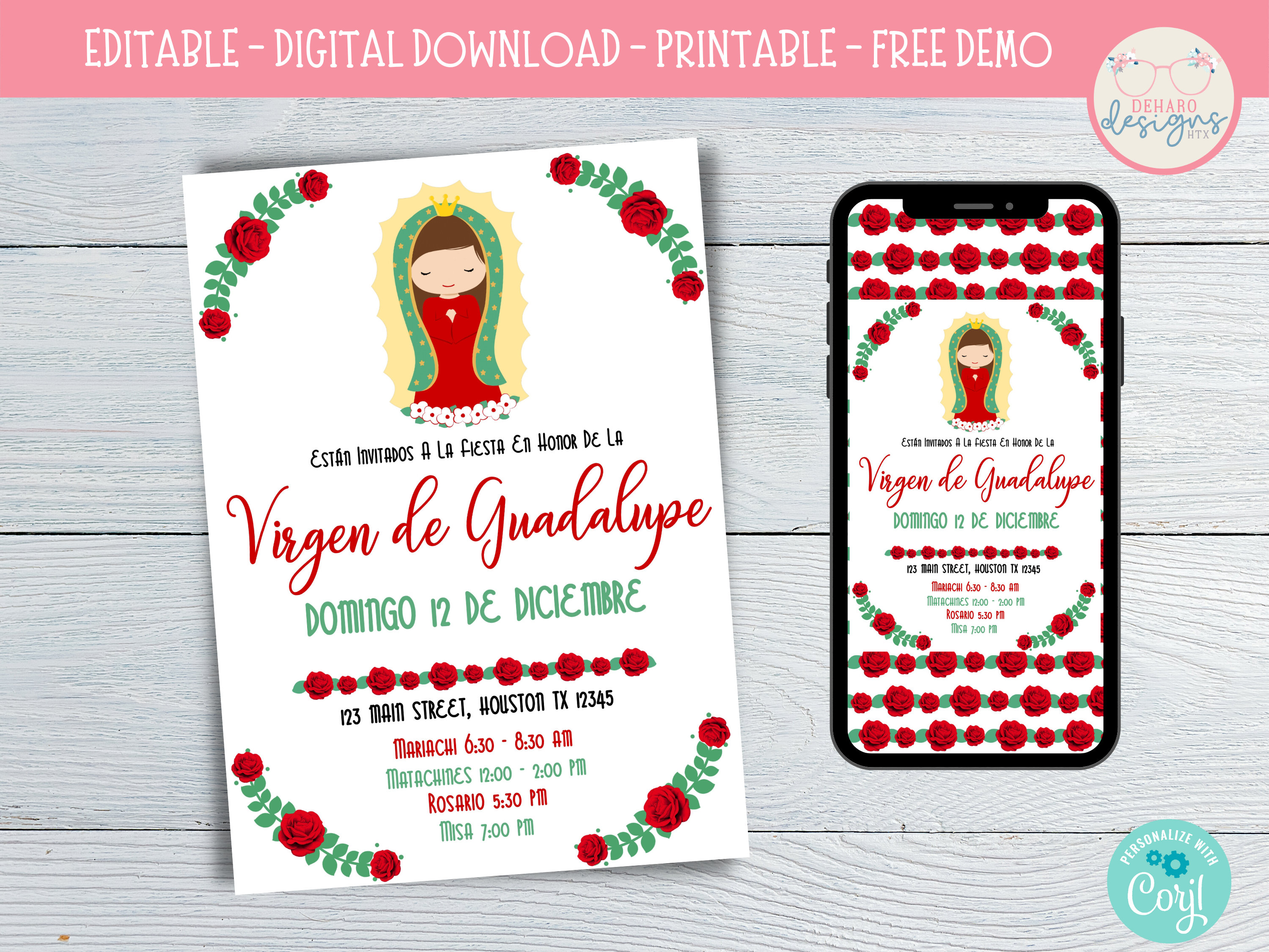 5x7 rosas rojas invitación VIRGEN DE GUADALUPE / personalizable ...