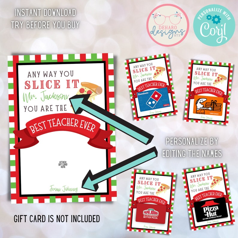 5x7 PIZZA TEACHER APPRECIATION Gift Card Holder Customizable Instant ...