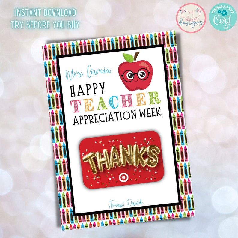 5x7 TEACHER APPRECIATION WEEK Gift Card Holder Customizable Instant ...