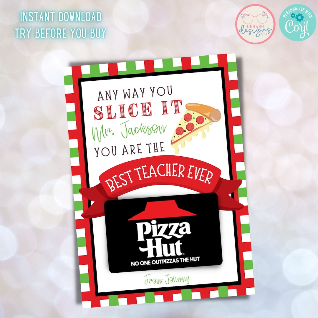 5x7 PIZZA TEACHER APPRECIATION Gift Card Holder Customizable Instant ...