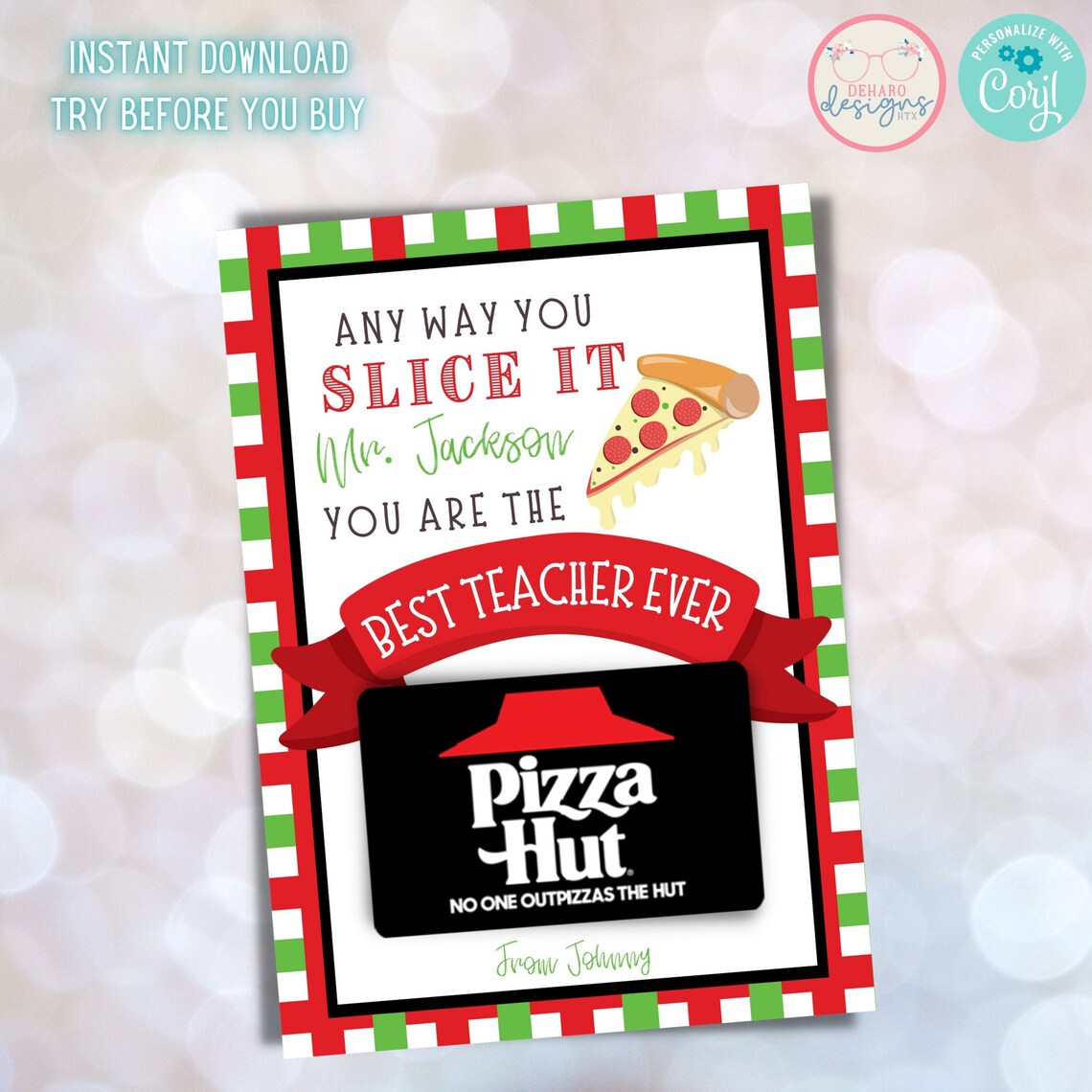 5x7 PIZZA TEACHER APPRECIATION gift card holder customizable | Etsy