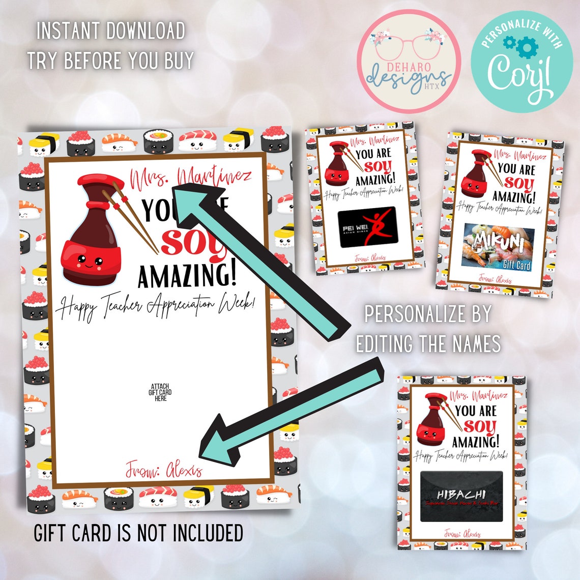 5x7 SUSHI TEACHER APPRECIATION Gift Card Holder Customizable Instant ...