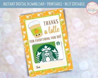 Gift Card Holder INSTANT Download & Print Thanks A Latte - Etsy