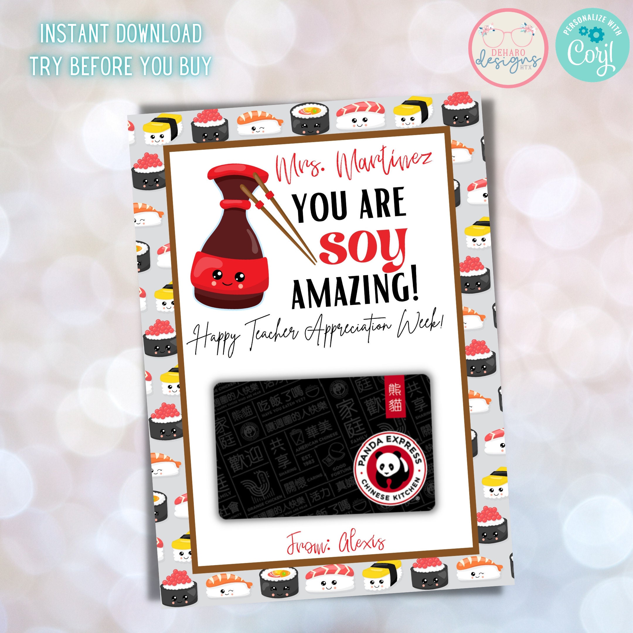 5x7 SUSHI TEACHER APPRECIATION Gift Card Holder Customizable - Etsy