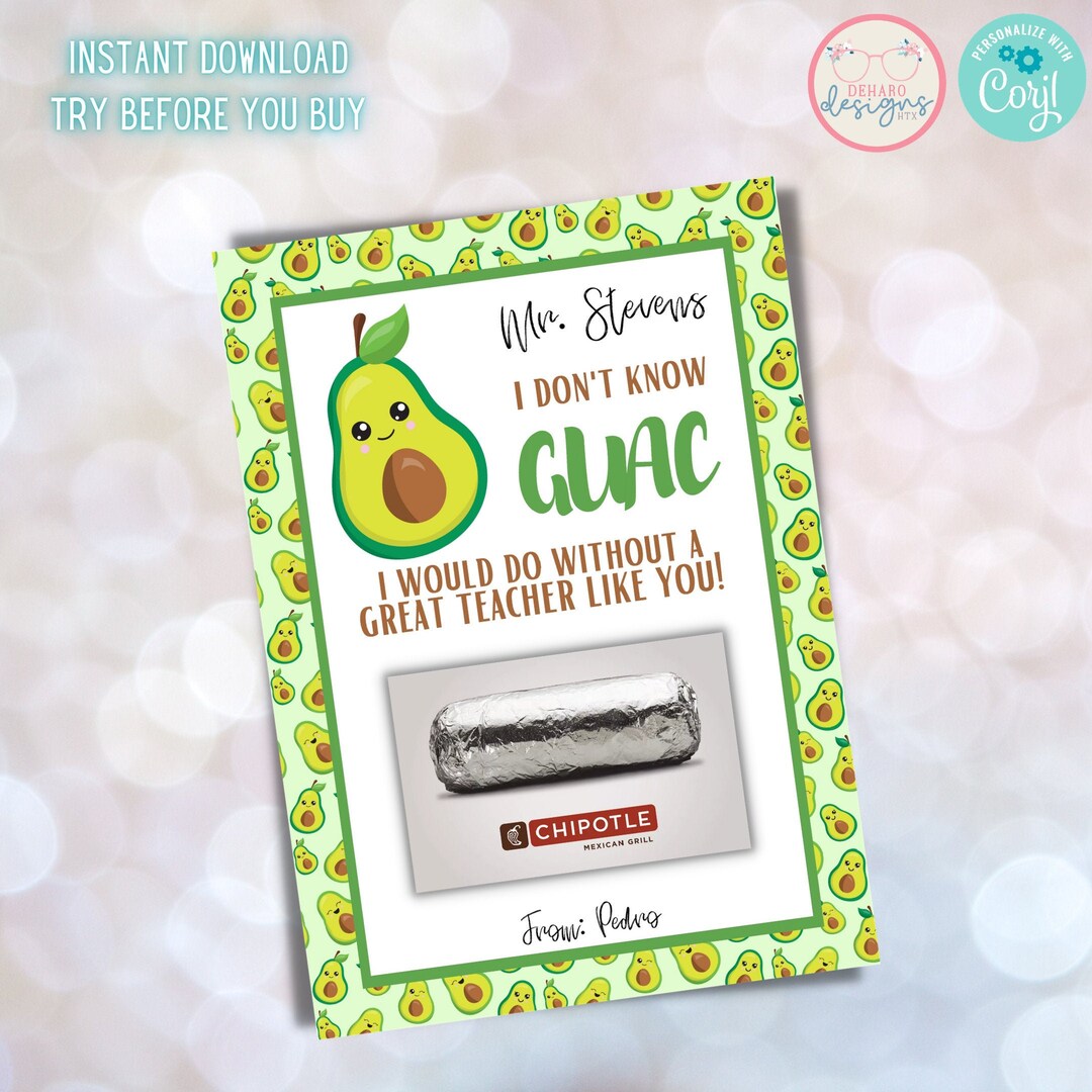 5x7 GUAC TEACHER APPRECIATION Gift Card Holder Customizable Instant ...