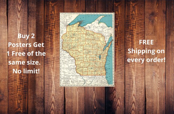 Vintage Wisconsin State Map - Etsy