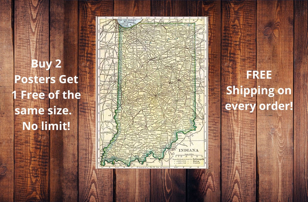 Vintage Indiana State Map 2 - Etsy