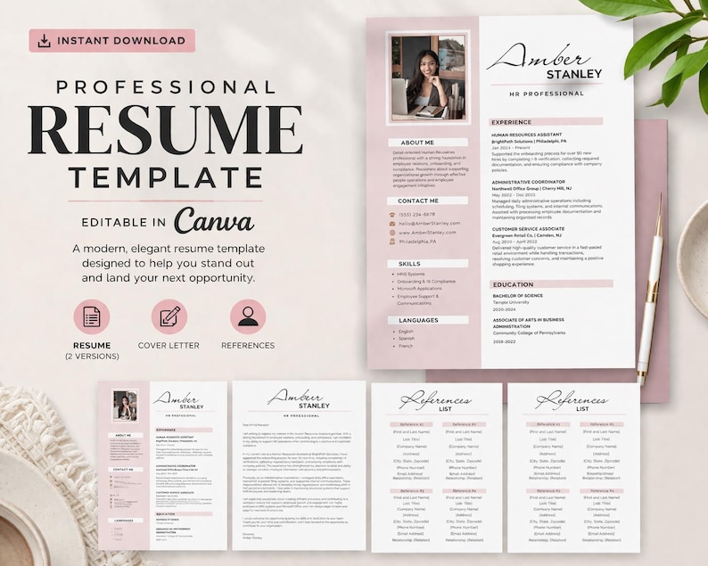 Modern Resume Template Bundle | Canva Cover Letter, Reference List ...