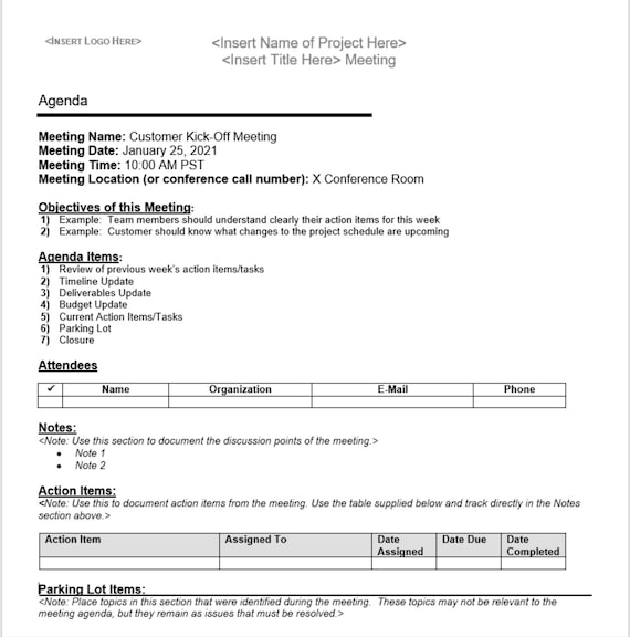 Simple Project Manager Meeting Notes Template - Etsy