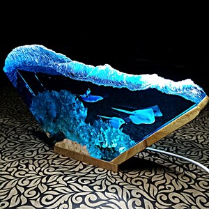 Wood Resin Light Lamp, Diver & Stingrays Epoxy Night Light, Scuba ...