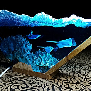 Wood Resin Light Lamp, Diver & Stingrays Epoxy Night Light, Scuba ...
