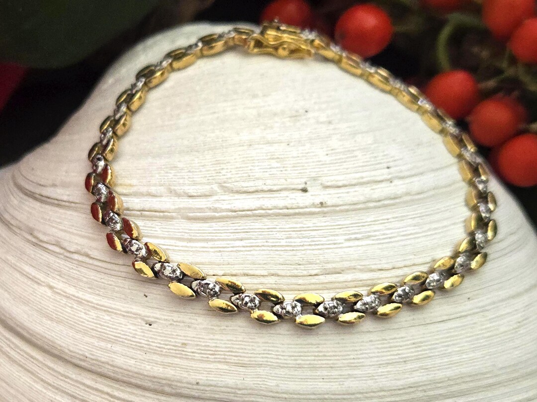 Vintage Gold-tone Sterling Bracelet, 925 FAS, Diamond Chip Accent Links ...