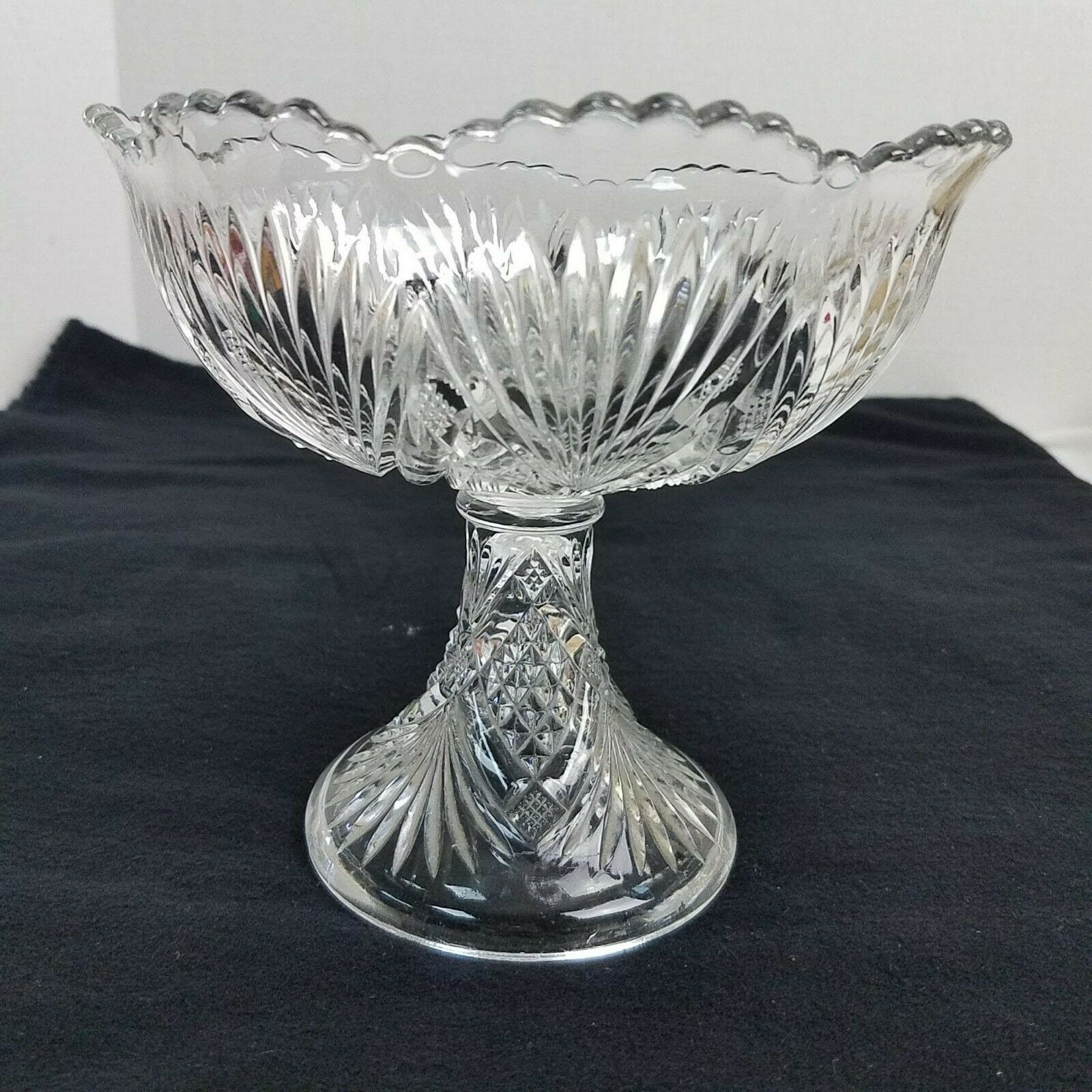 EAPG Cane & Diamonds Glass Fruit Pedestal Compote Bowl Scalloped Edging ...